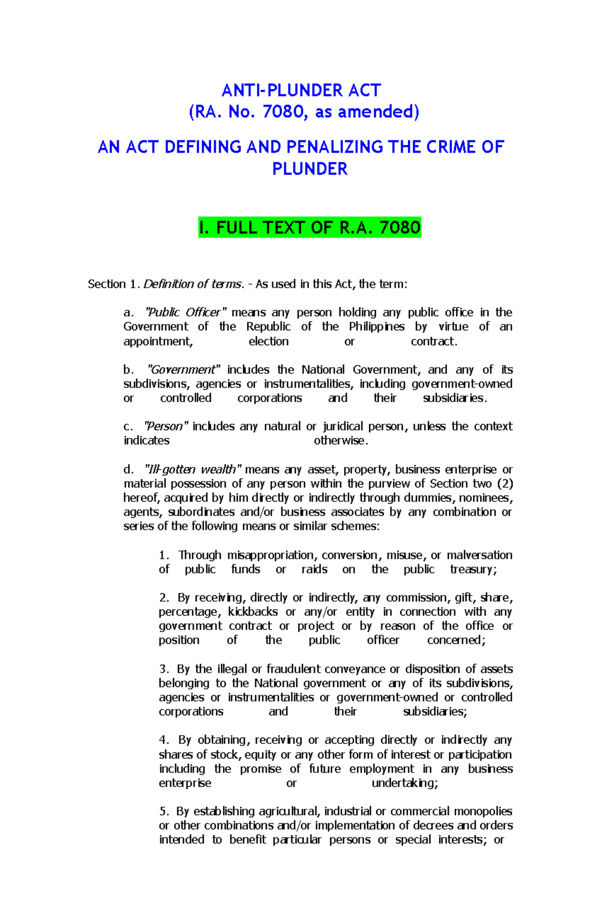 Plunder law - Notes - ANTI-PLUNDER ACT (RA. No. 7080, as amended) AN ...