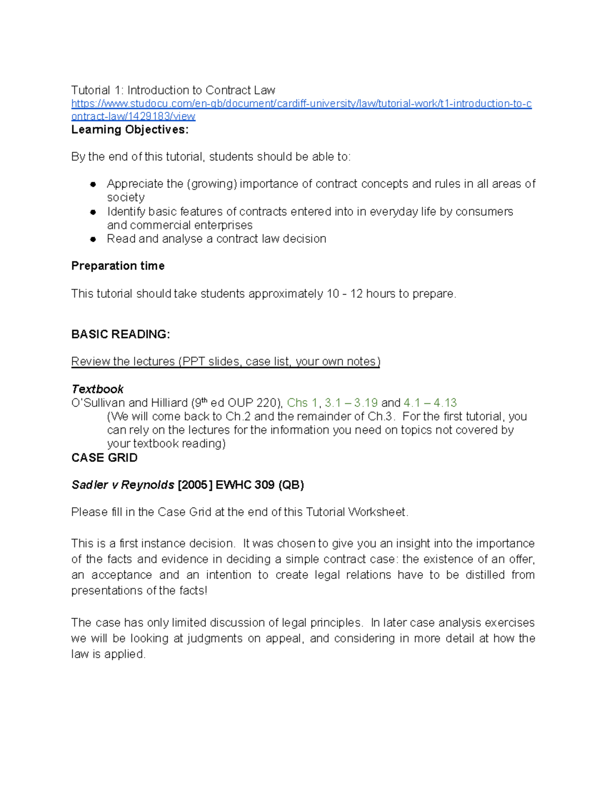 Contract law tutorial 1 - Tutorial 1: Introduction to Contract Law - Studocu