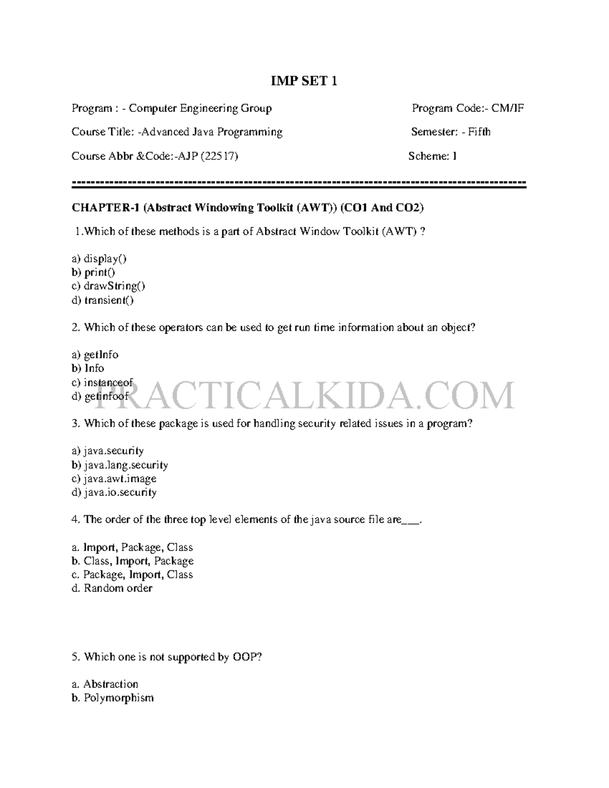 Ajp Imp Mcqs Related To Java Imp Set 1 Program Computer Engineering Group Program Code 