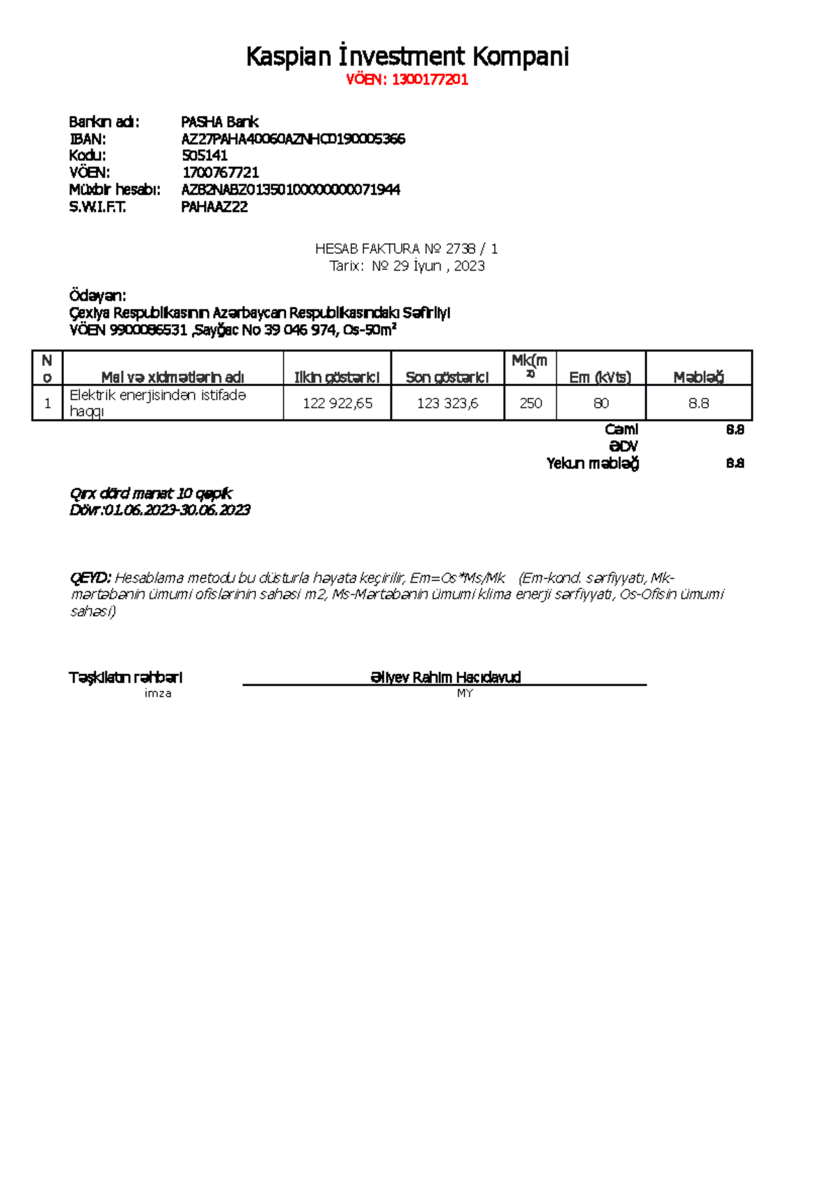 İnvoys № 2738 от 29.06.2023 (003)Nümunə - Kaspian İnvestment Kompani VÖEN: 1300177201 Bankın adı ...