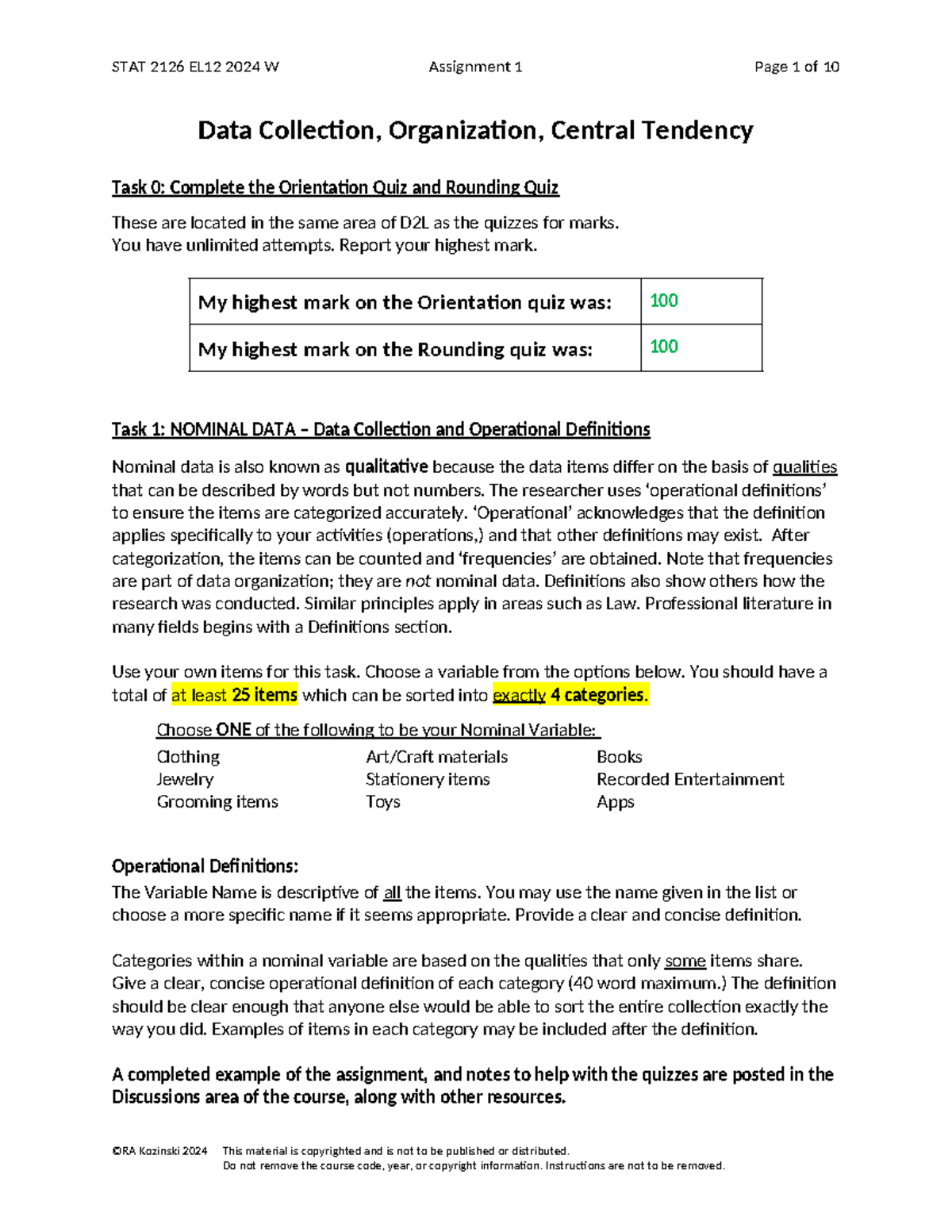 Assignment A1 V1 - Data Collection, Organization, Central Tendency Task ...