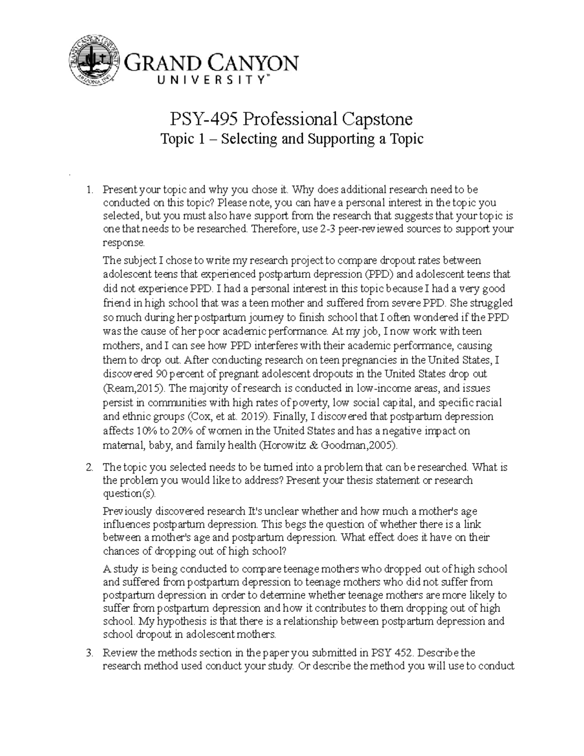 PSY495 RS T1 Selecting Supporting Topic - PSY-495 Professional Capstone Topic 1 – Selecting and ...