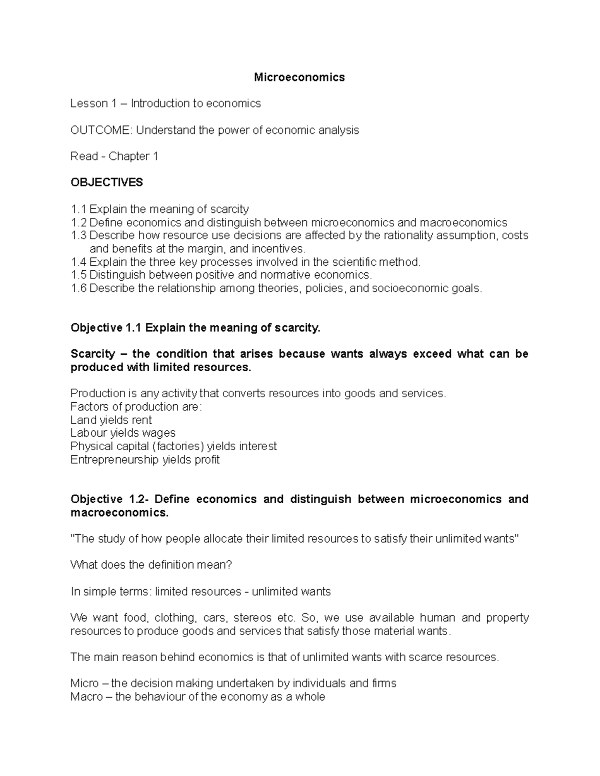 Chapter 1 notes - Microeconomics Lesson 1 Introduction to economics ...
