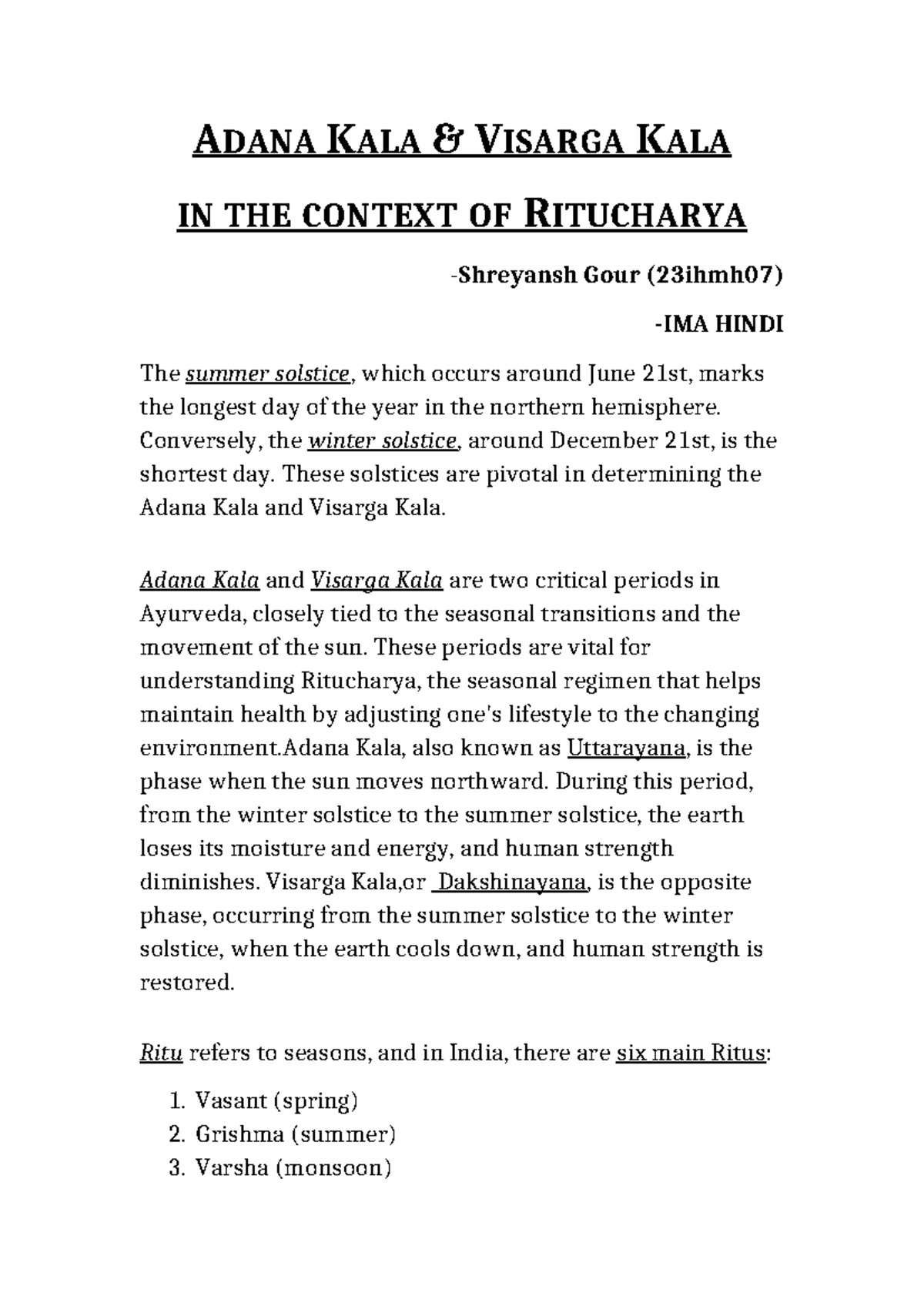Adana Kala Visarga Kala Ritucharya Assignment - ADANA KALA & VISARGA ...