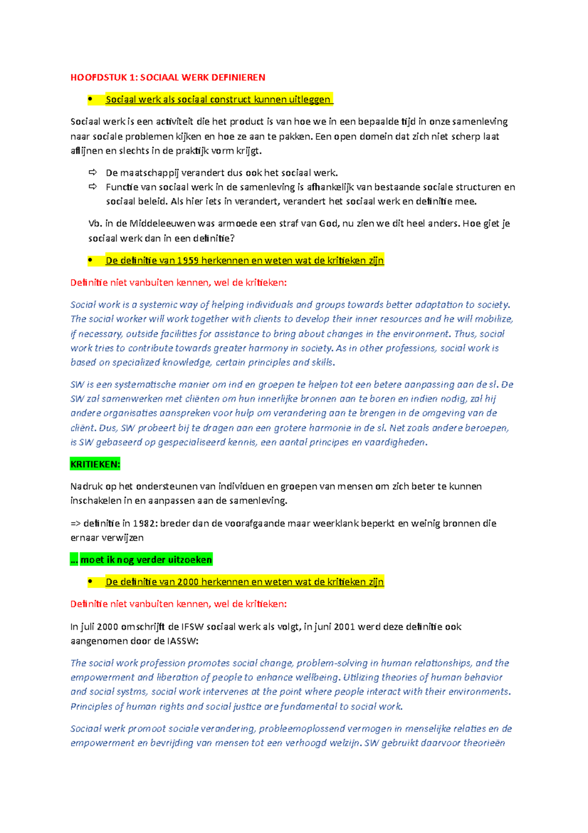 Leerstof examen MPI - HOOFDSTUK 1: SOCIAAL WERK DEFINIEREN Sociaal werk ...