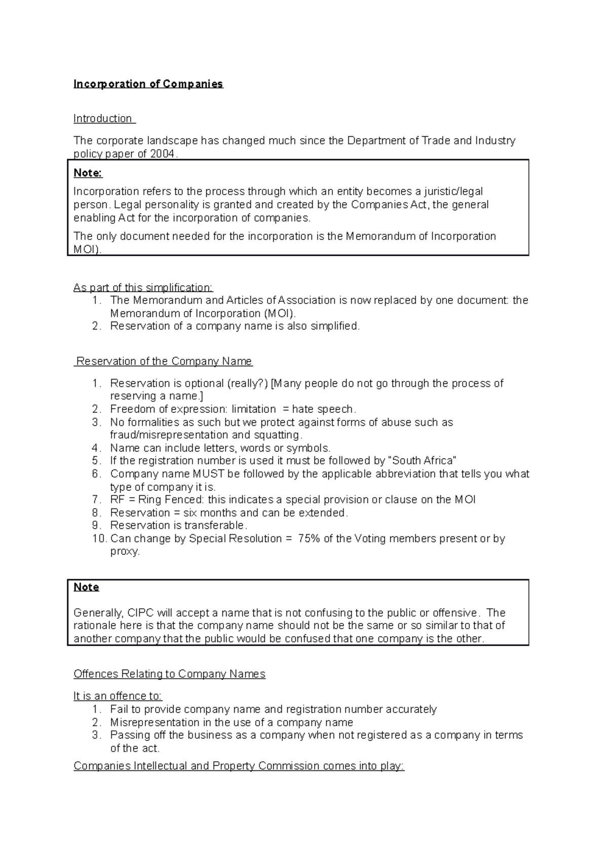 Incorporation of a Company Notes - Incorporation of Companies ...