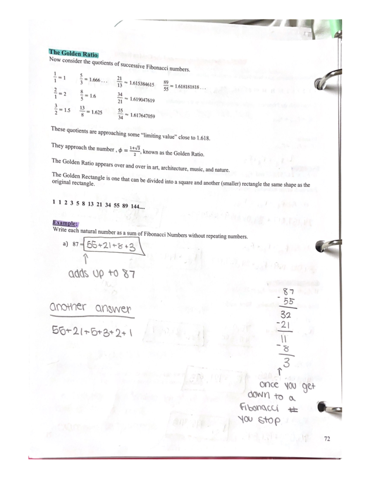Math 139 chapter 5.5 The Fibonacci Sequence and the Golden Ratio (dragged) - MATH 139 - Studocu