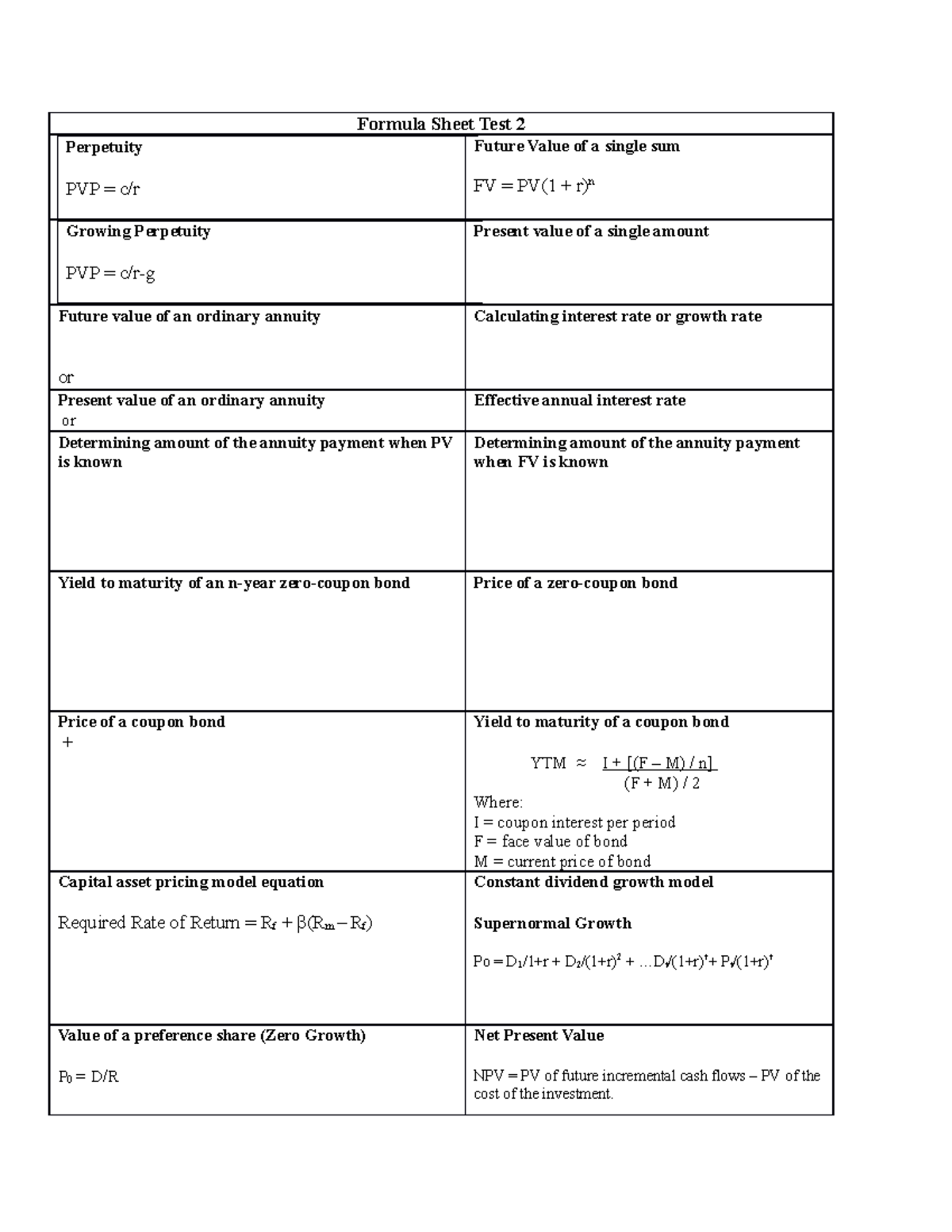 BAO2001 Formulasheetfinaltest - Formula Sheet Test 2 Perpetuity PVP = c ...