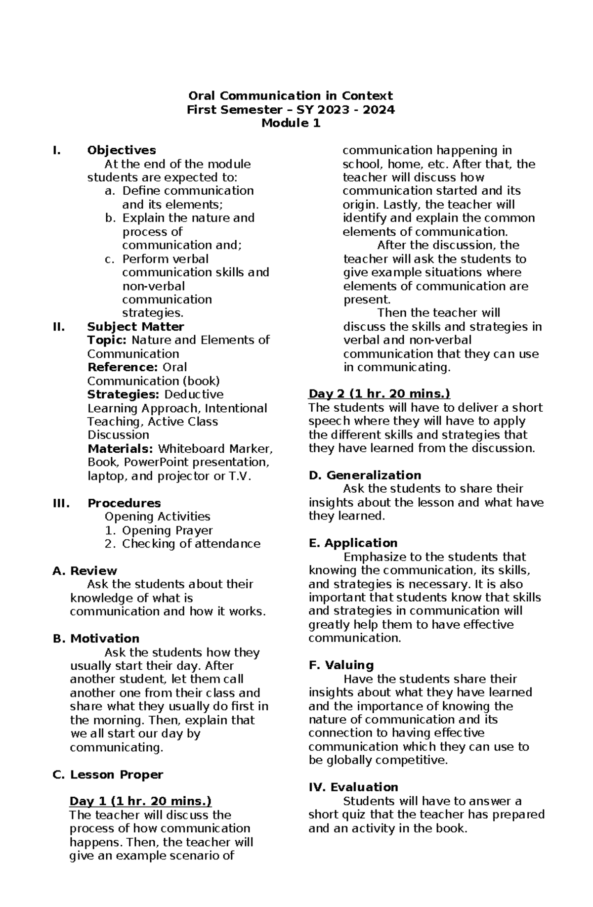Lesson Plan Oral Com Module 1 - Oral Communication in Context First ...