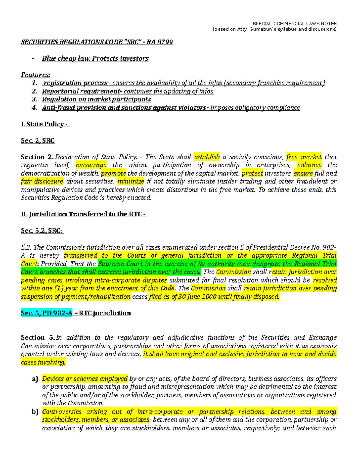 Securities Regulations CODE only - (based on Atty. Gumabun’s syllabus ...