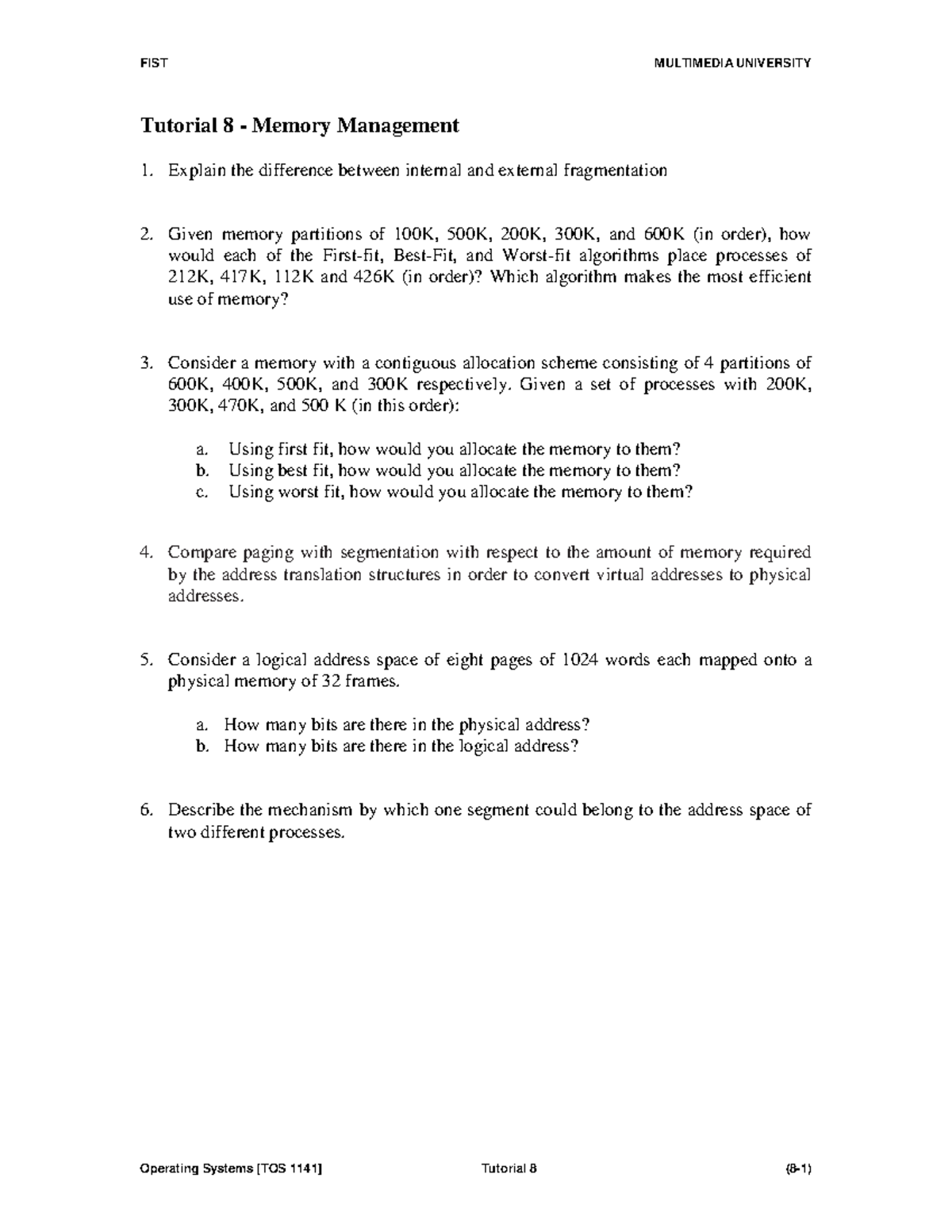 Tutorial 8 - FIST MULTIMEDIA UNIVERSITY Operating Systems [TOS 1141 ...