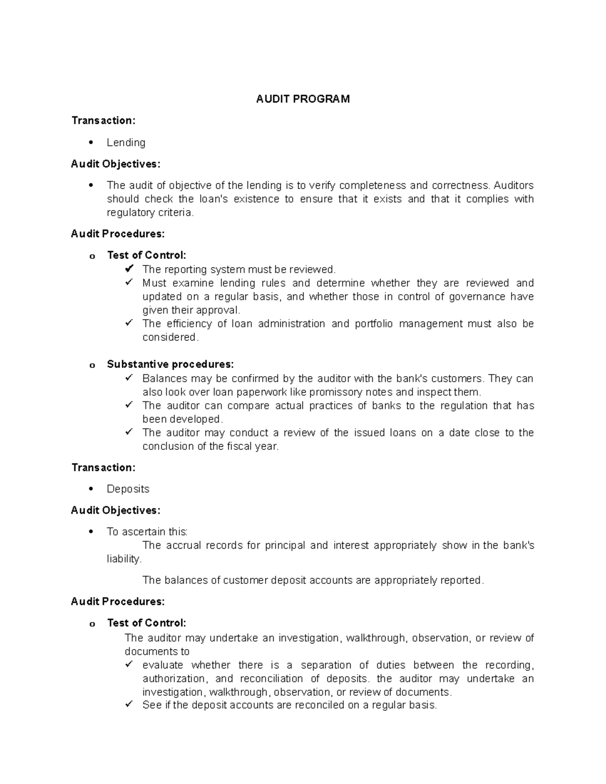 Activity - Audit Report - AUDIT PROGRAM Transaction: Lending Audit ...