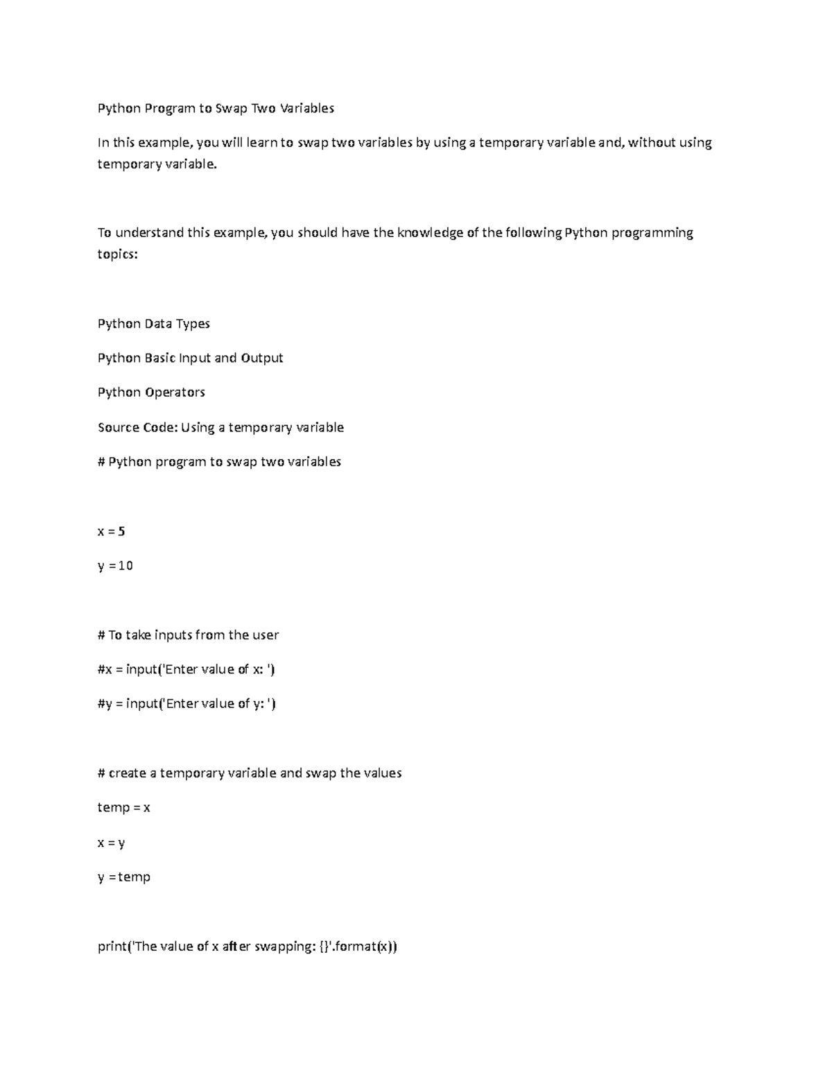 Python 6 - Assignment - Python Program to Swap Two Variables In this ...