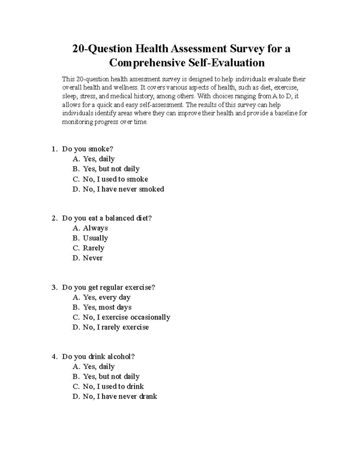 20-Question Health Assessment Survey for a Comprehensive Self ...