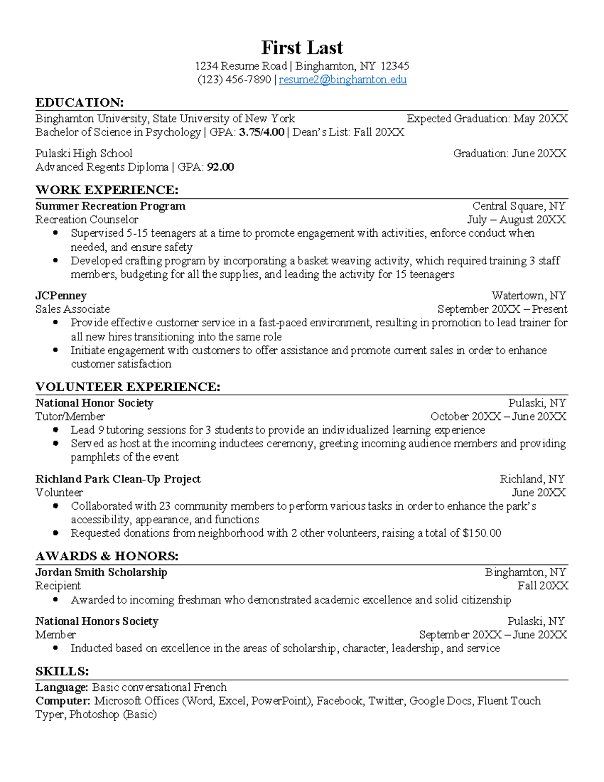 Binghamton University Resume Template - First Last 1234 Resume Road ...