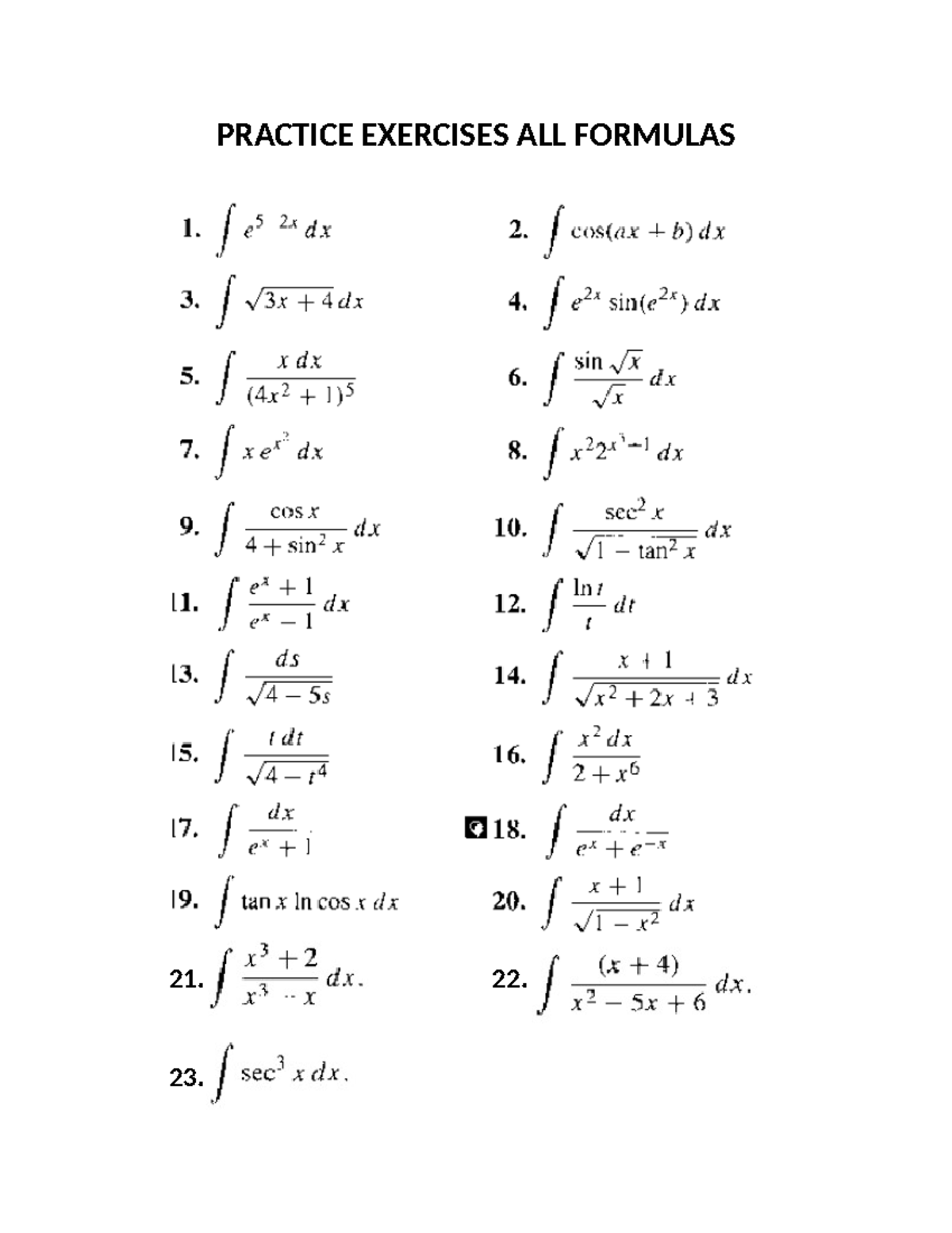 Practice Exercises ALL Formulas - Calculus - PRACTICE EXERCISES ALL ...