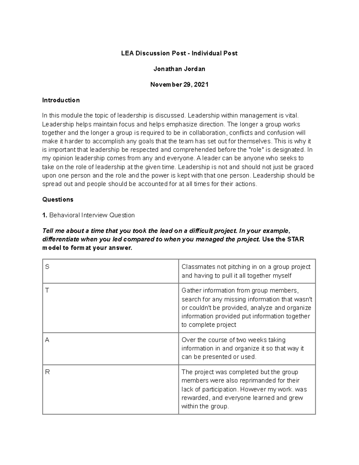 LEA Discussion Post - Individual Post - LEA Discussion Post ...