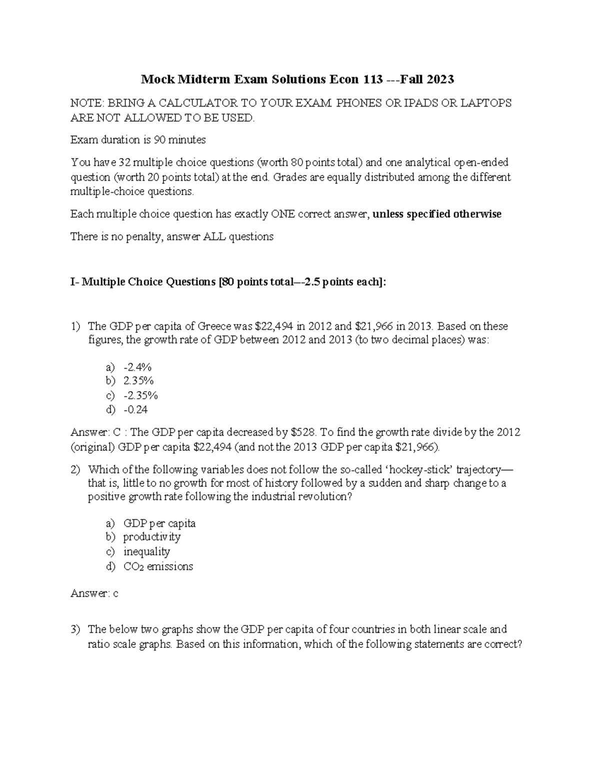 Mock midterm answer - Professor: Pierre Mouganie - Mock Midterm Exam Solutions Econ 113 -Fall ...