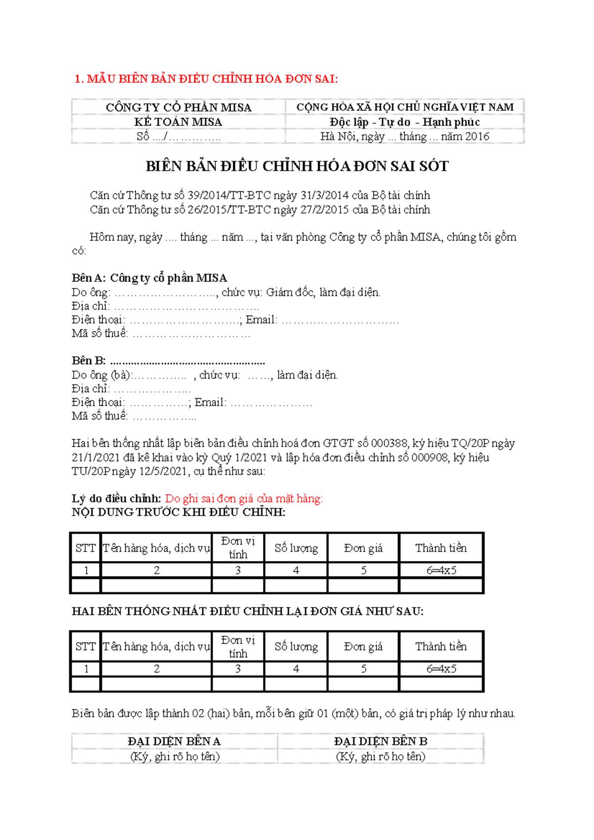 Mau bien ban dieu chinh hoa don - 1. MẪU BIÊN BẢN ĐIỀU CHỈNH HÓA ĐƠN ...