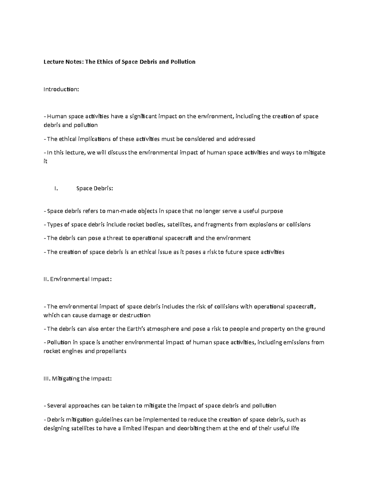 Lecture Notes: The Ethics of Space Debris and Pollution - Lecture Notes ...
