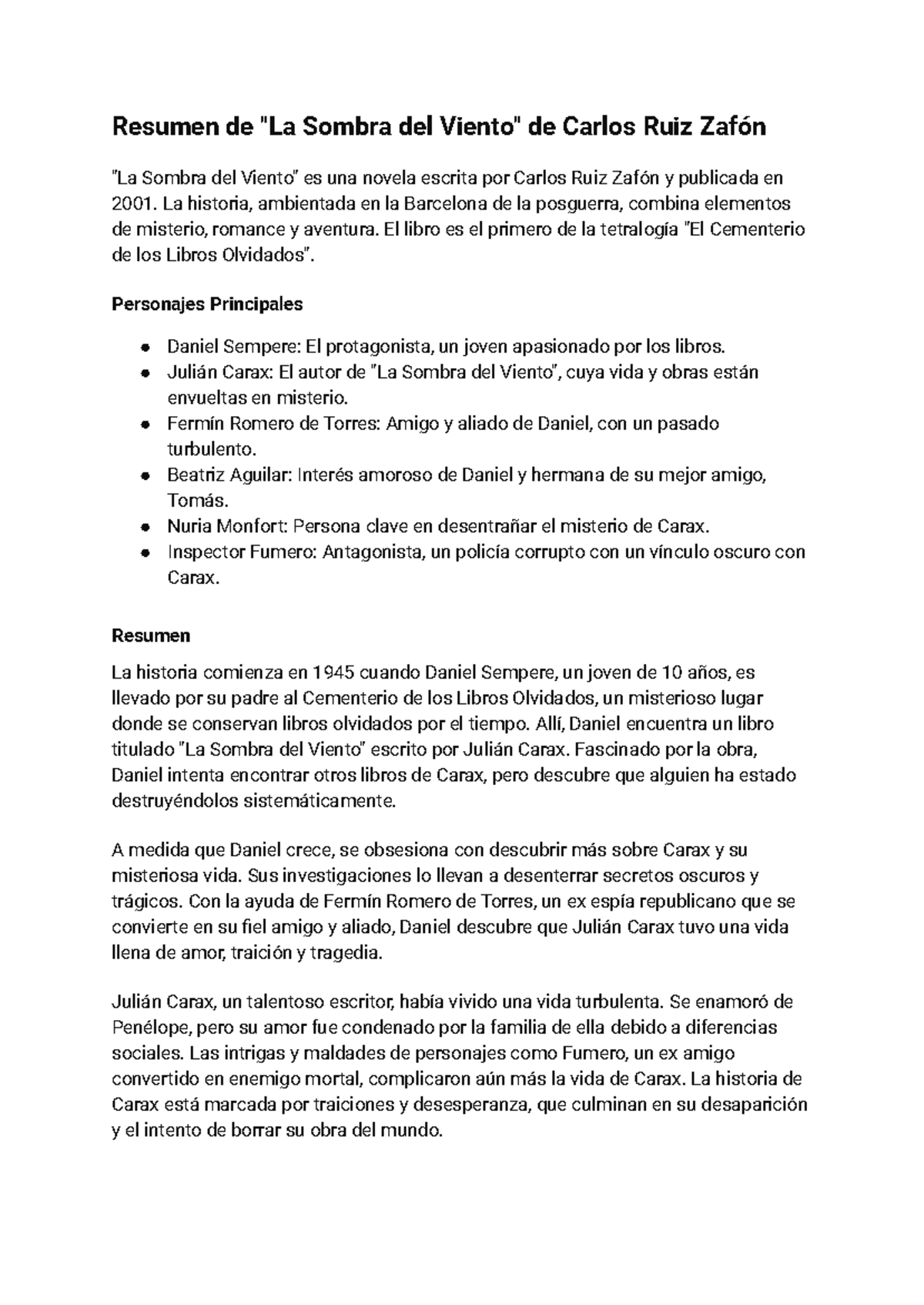 Resumen de La Sombra del Viento de Carlos Ruiz Zafón - Resumen de "La ...