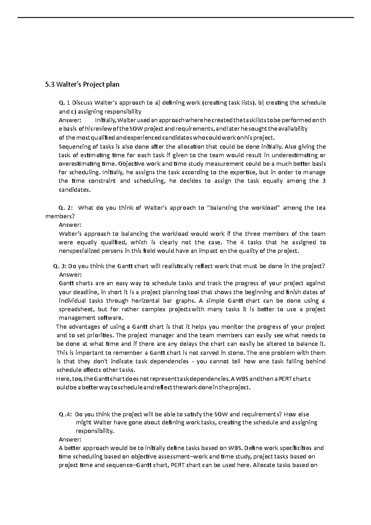 Gl P62P848SPB - Lecture Notes - 5 Walter’s Project plan Q. 1 Discuss ...