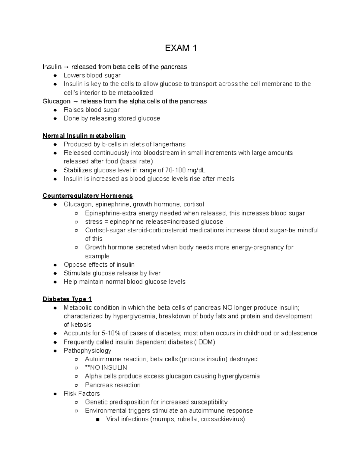 GI EXAM 1 - Added notes for help - EXAM 1 Insulin → released from beta ...