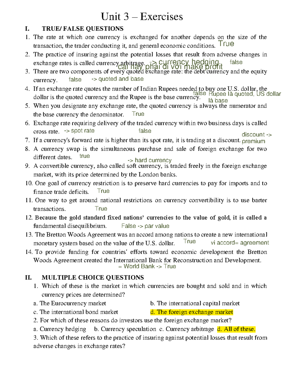 Unit 3 Exercises to sts - Practice and you get high score - Unit 3 – Exercises I. TRUE/ FALSE ...