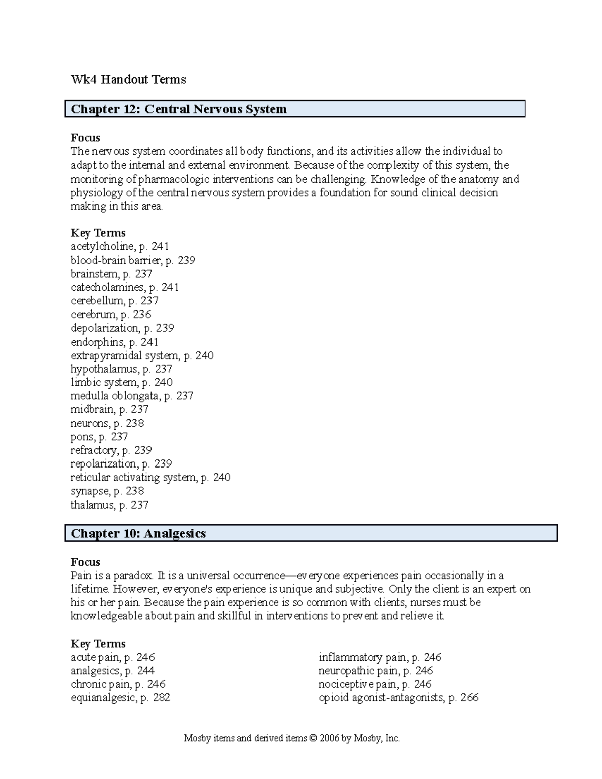 NUR100 Wk4 Handout Terms - Wk4 Handout Terms Chapter 12: Central ...