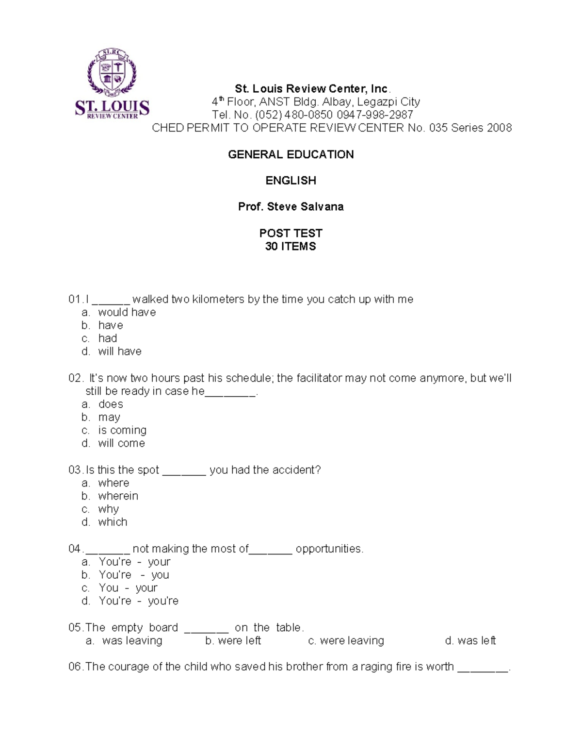 POST TEST GEN ED English - St. Louis Review Center, Inc. 4 th Floor ...