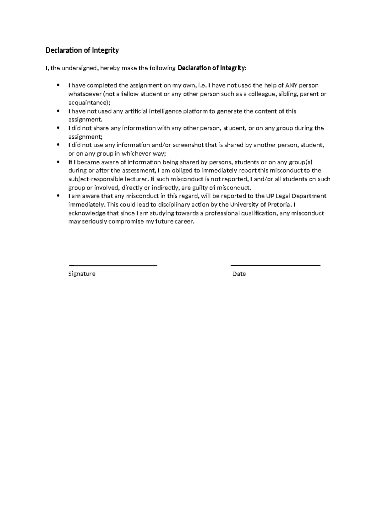 Individual Assignment Declaration of Integrity - Declaration of Integrity I, the undersigned ...