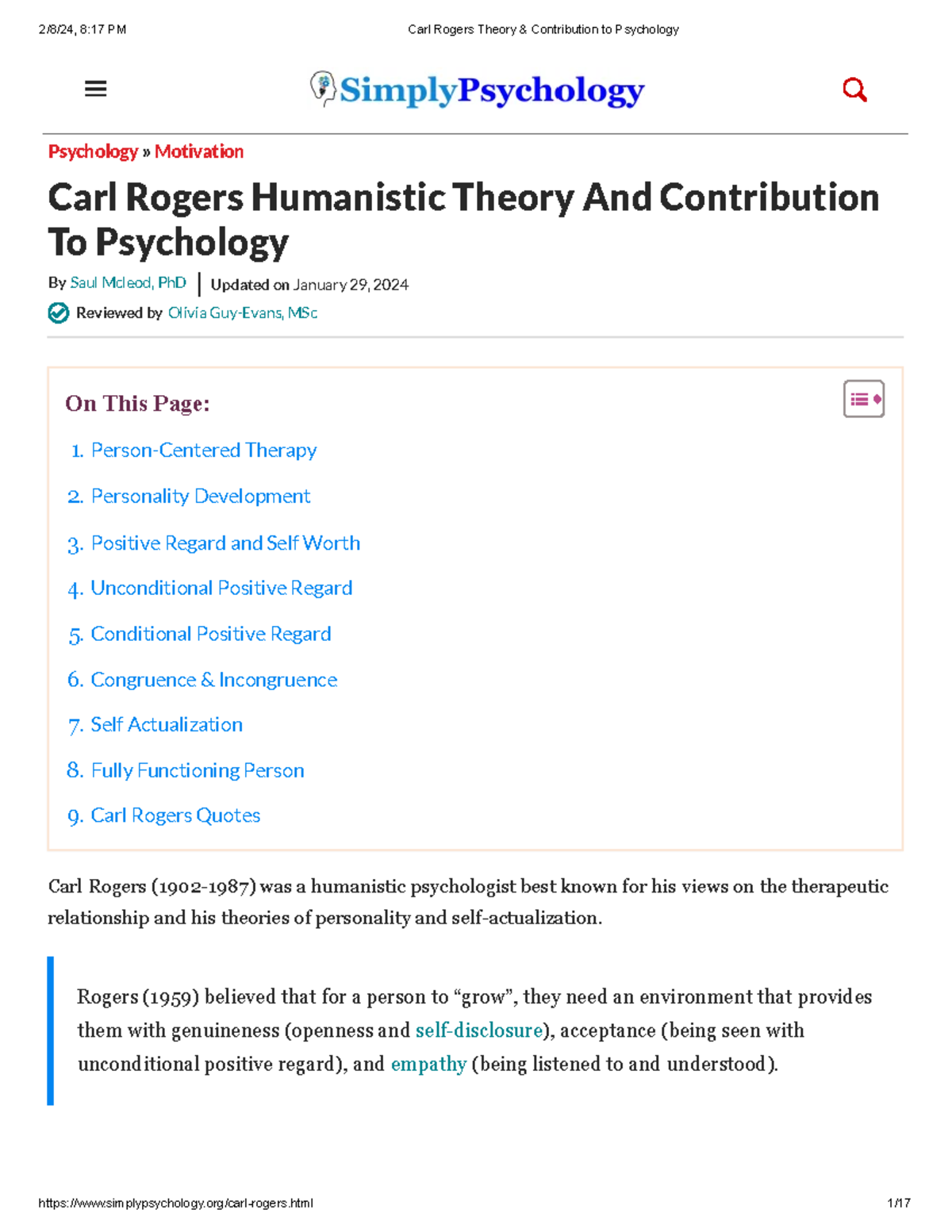 Carl Rogers Theory & Contribution to Psychology - Psychology ...