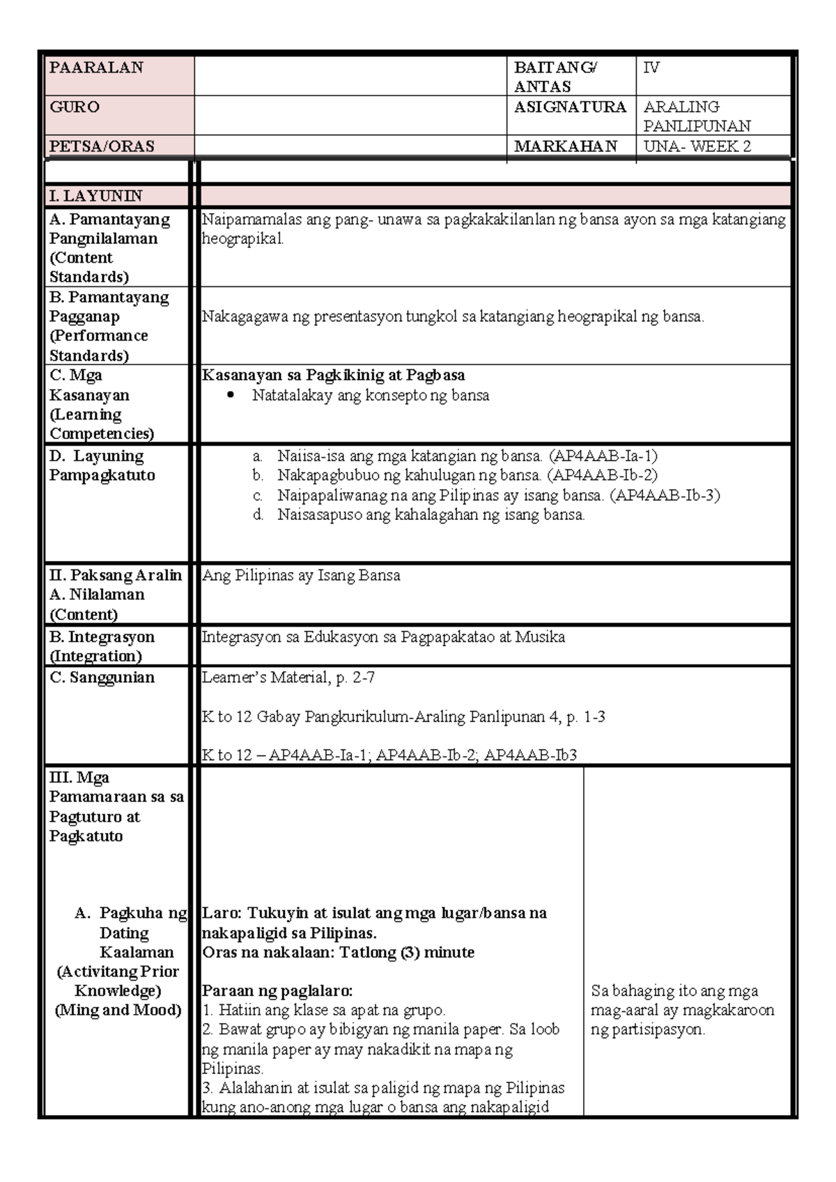 DLP- Grade 4-AP-Q1.W2.LC 2 - PAARALAN BAITANG/ ANTAS IV GURO ASIGNATURA ...