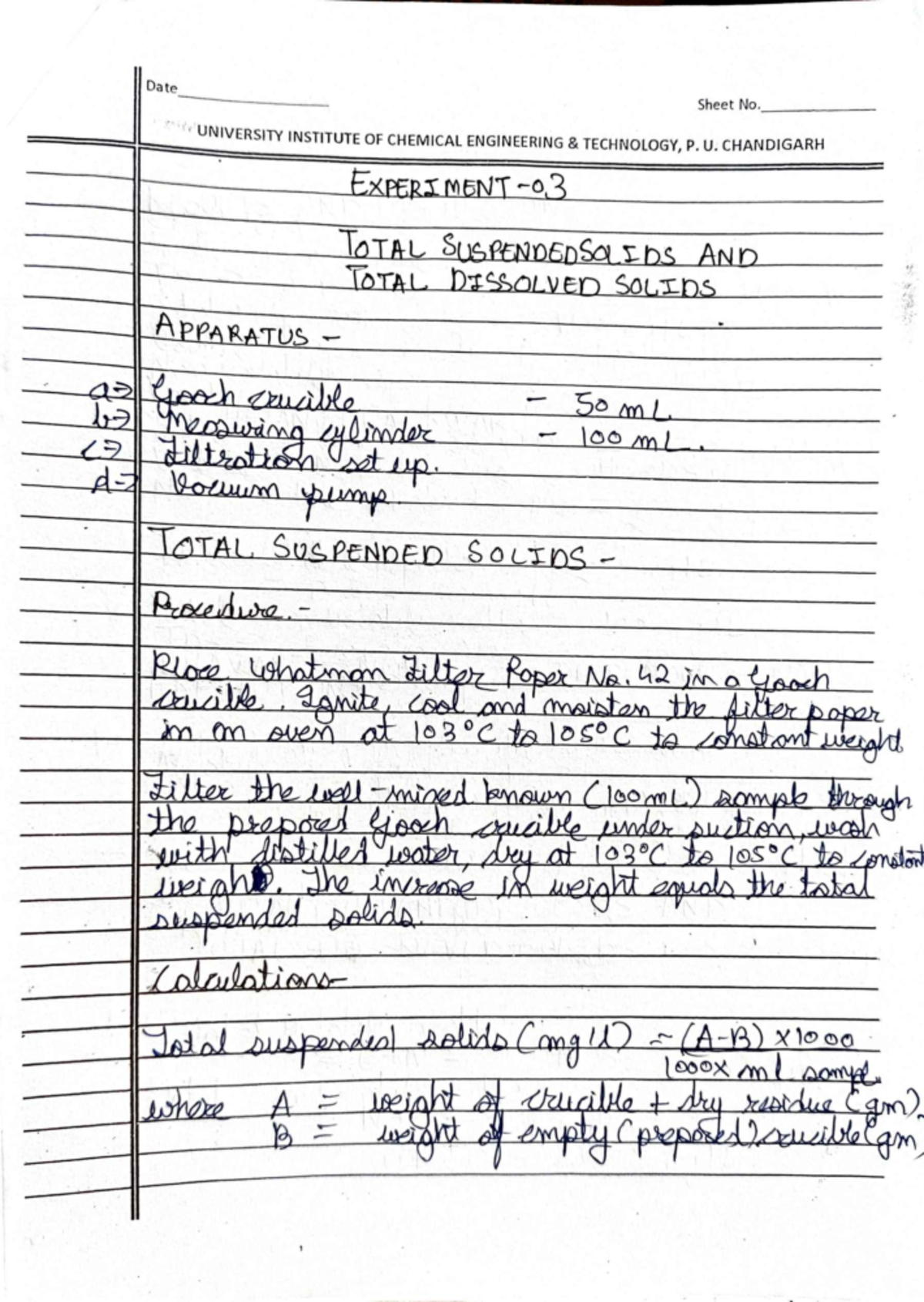 TDS ENV ENGG LAB - Environmental Engineering Lab - Studocu