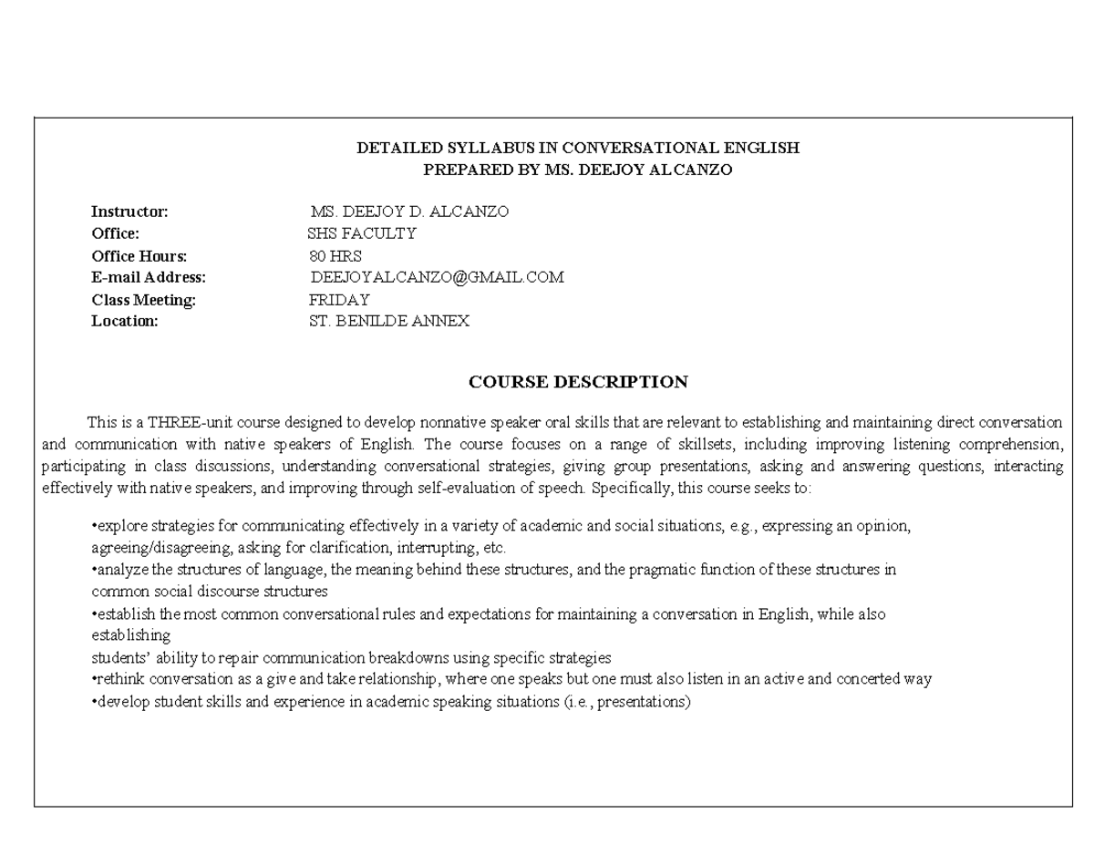 Sample Syllabus ESL 20 Conversation and Fluency - DETAILED SYLLABUS IN ...