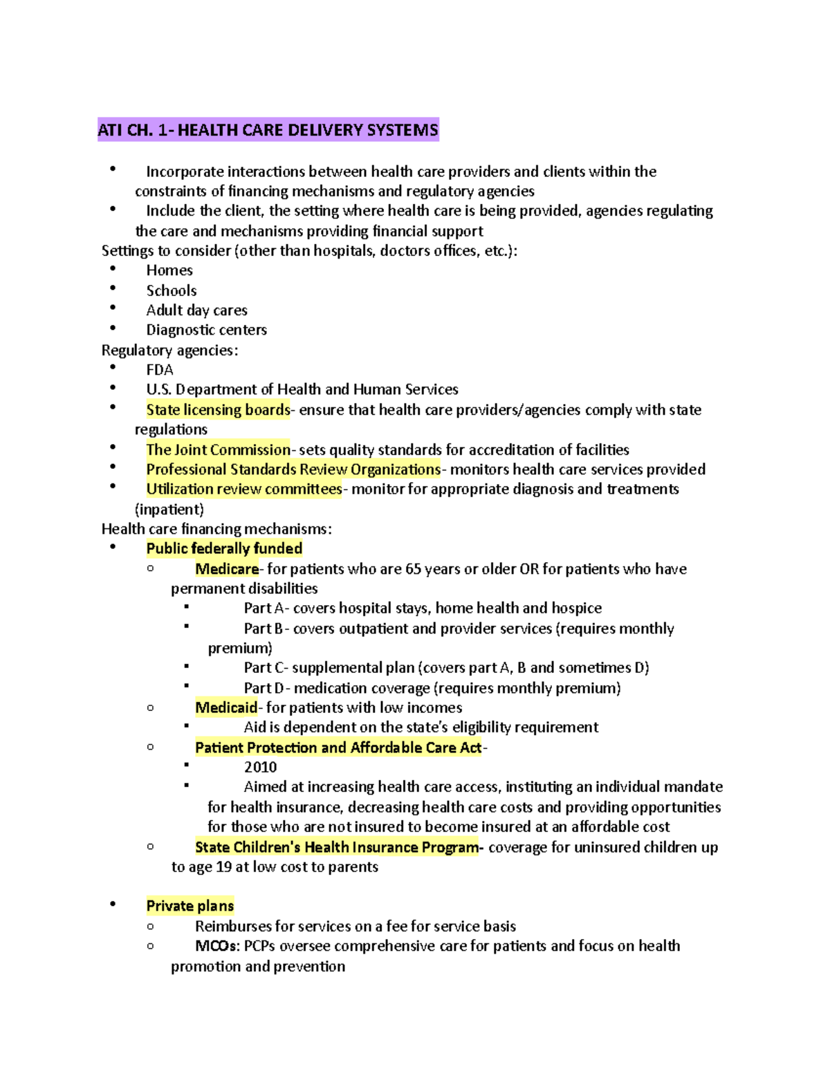 Module 6 ATI - D - Notes - ATI CH. 1- HEALTH CARE DELIVERY SYSTEMS ...