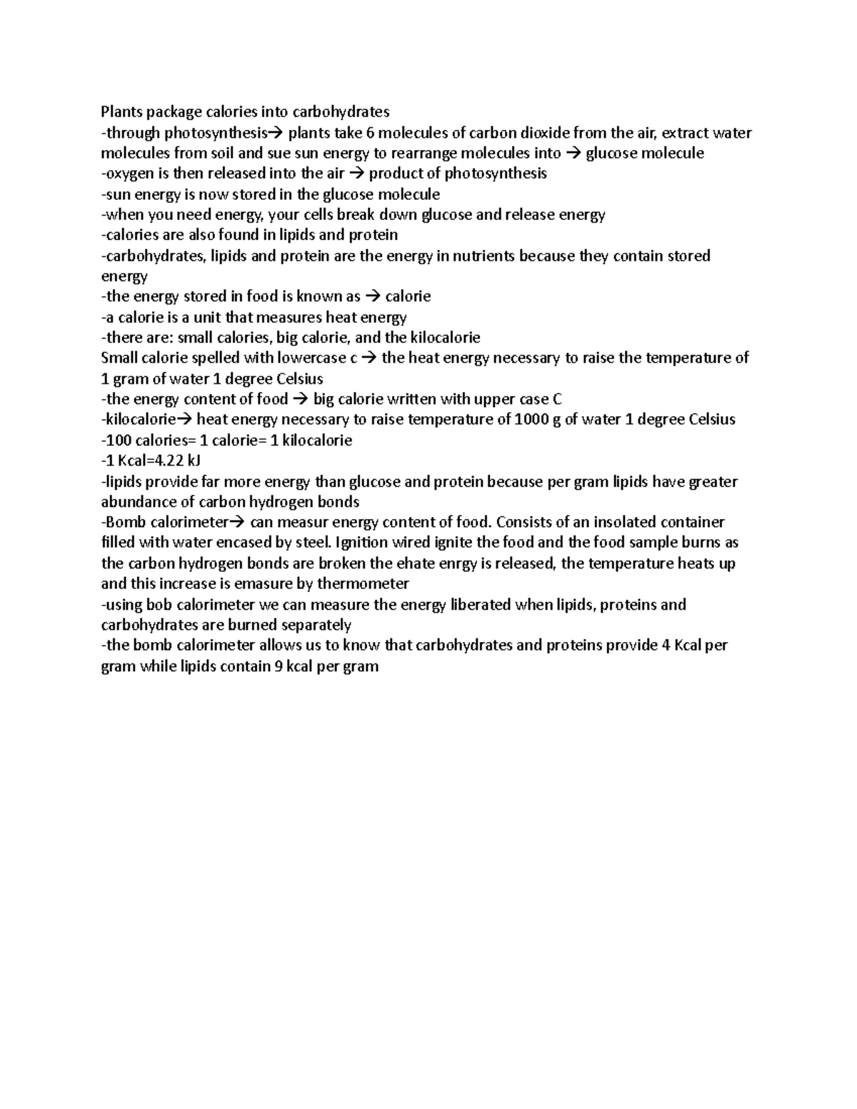 Lesson 4 notes biology - Plants package calories into carbohydrates ...