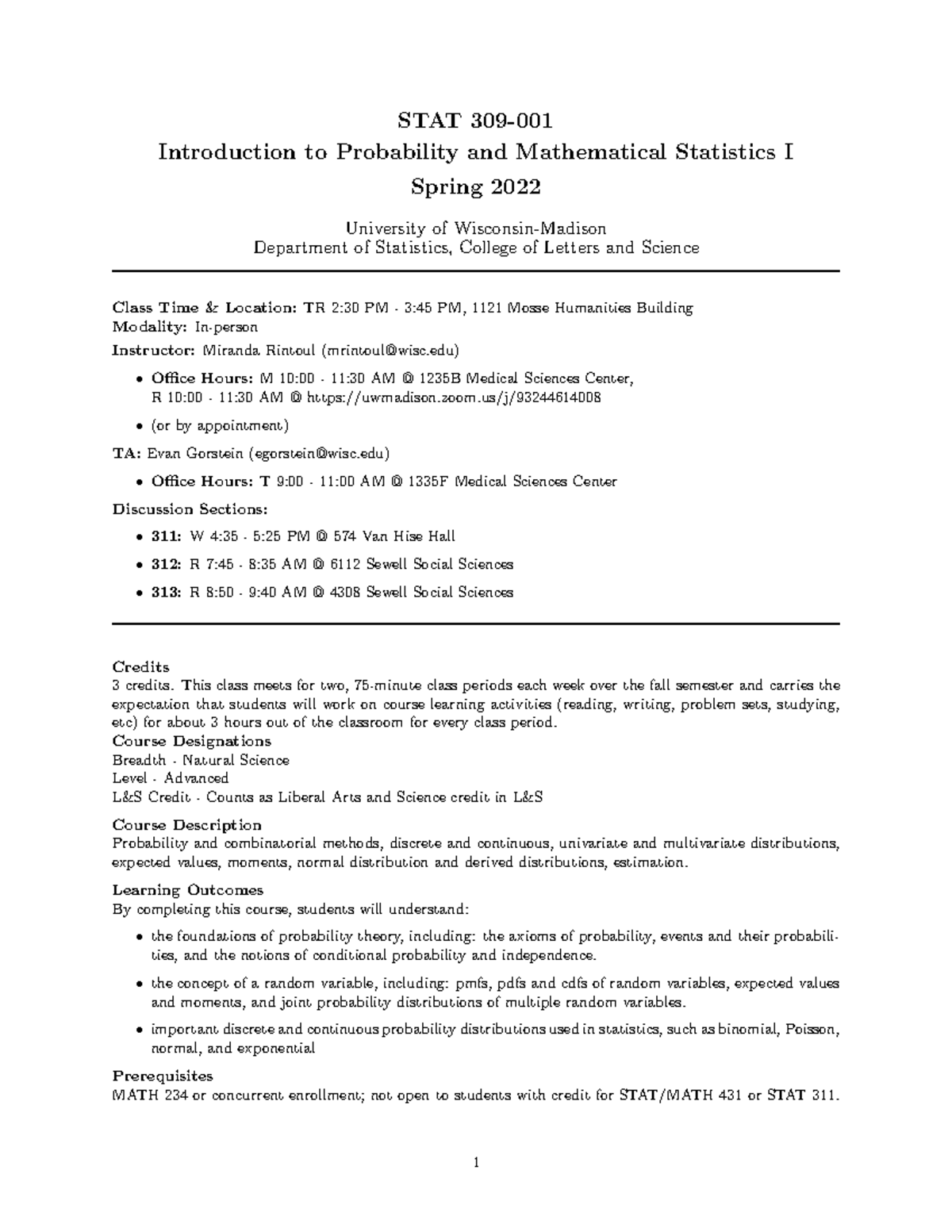 309 001 syllabus - STAT 309- Introduction to Probability and ...