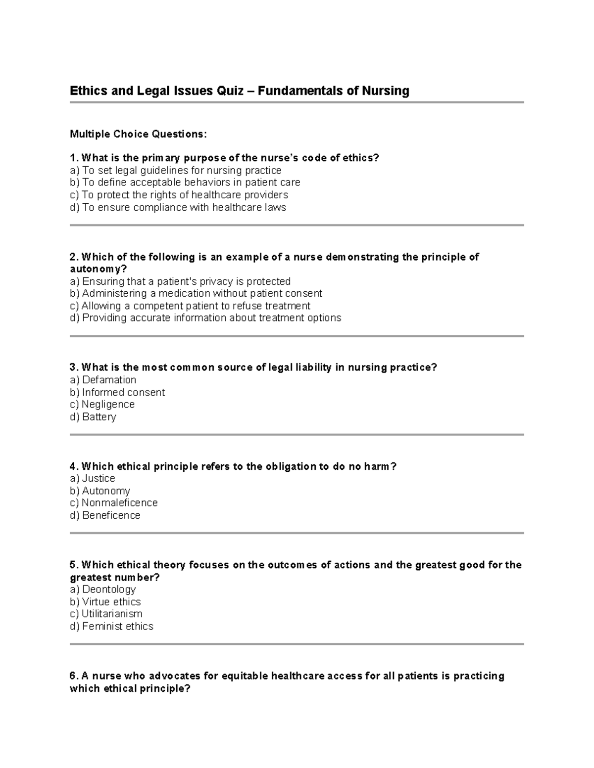 Ethics and Legal Issues Quiz – Fundamentals of Nursing - Which of the ...