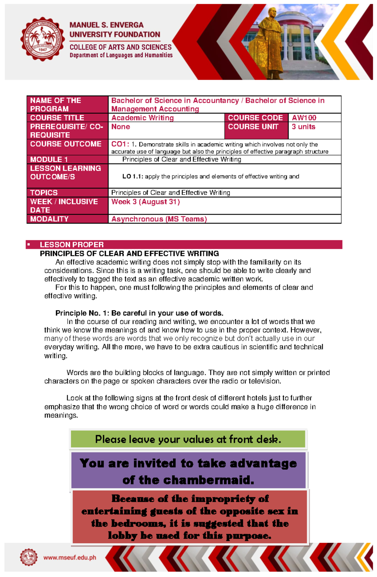 Module 2 - Principles of Clear and Effective Writing - COLLEGE OF ARTS ...