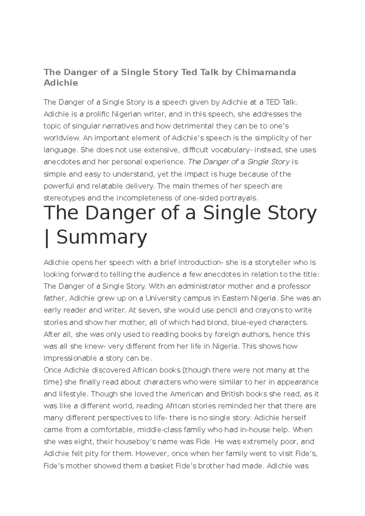 The danger of a single story - The Danger of a Single Story Ted Talk by ...