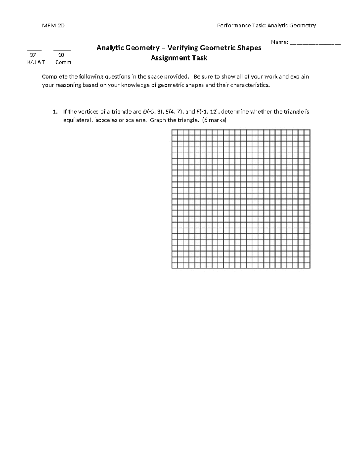 Analytic Geometry Performance Task - Name: ________________ Analytic Geometry – Verifying ...
