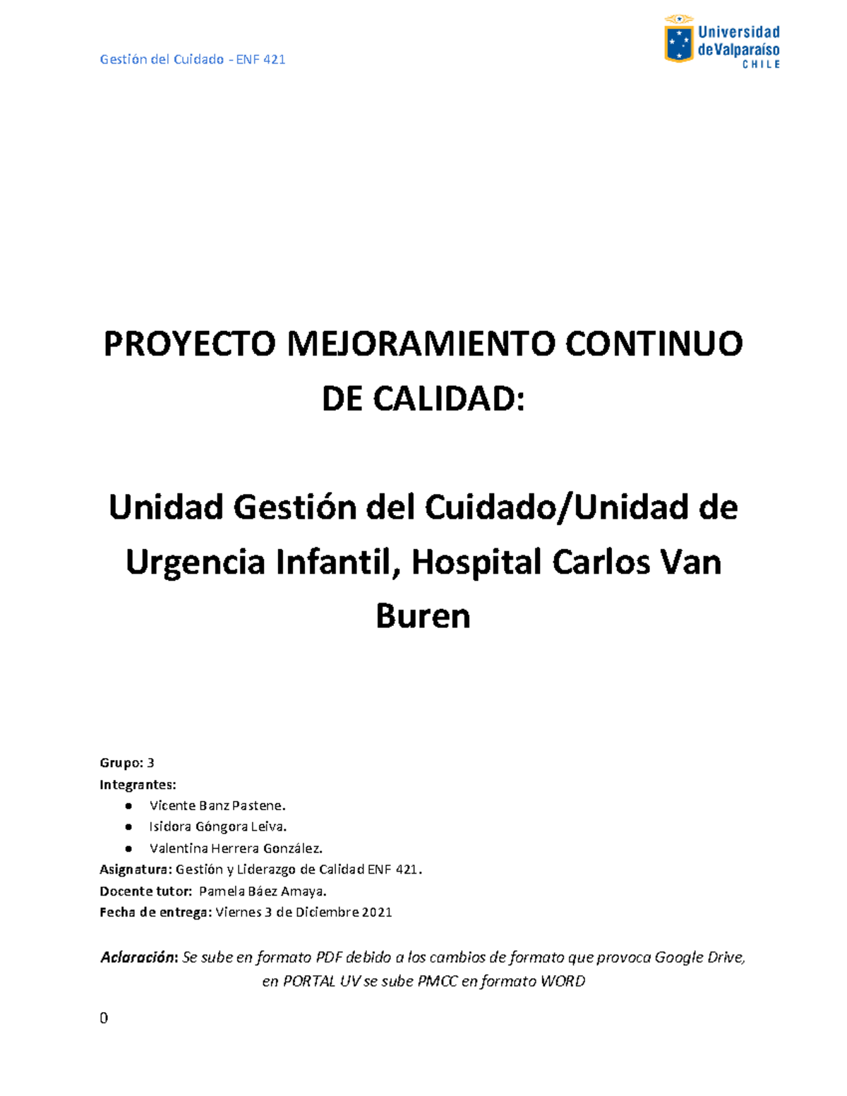 PMCC, UEI, HCVB, Grupo 3 - PROYECTO MEJORAMIENTO CONTINUO DE CALIDAD ...