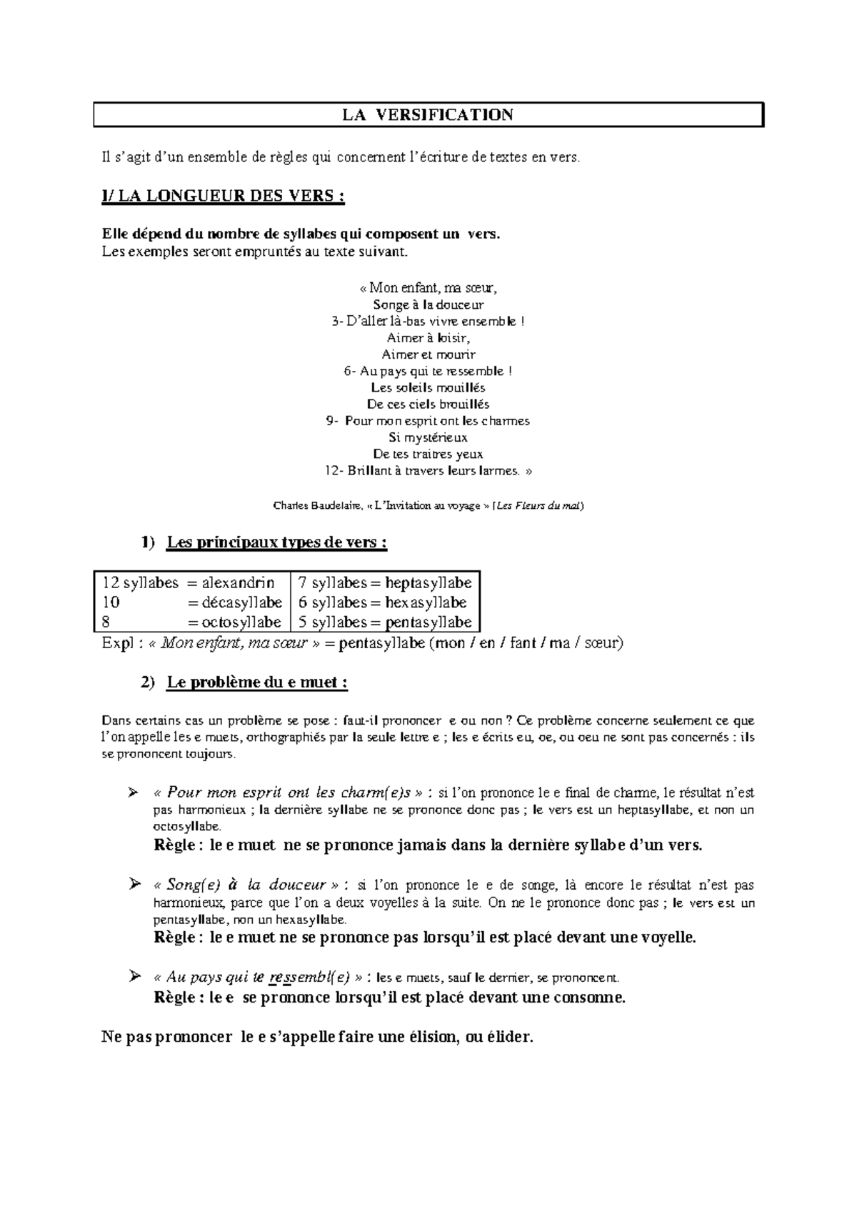 Lecon Versification - LA VERSIFICATION Il s’agit d’un ensemble de ...