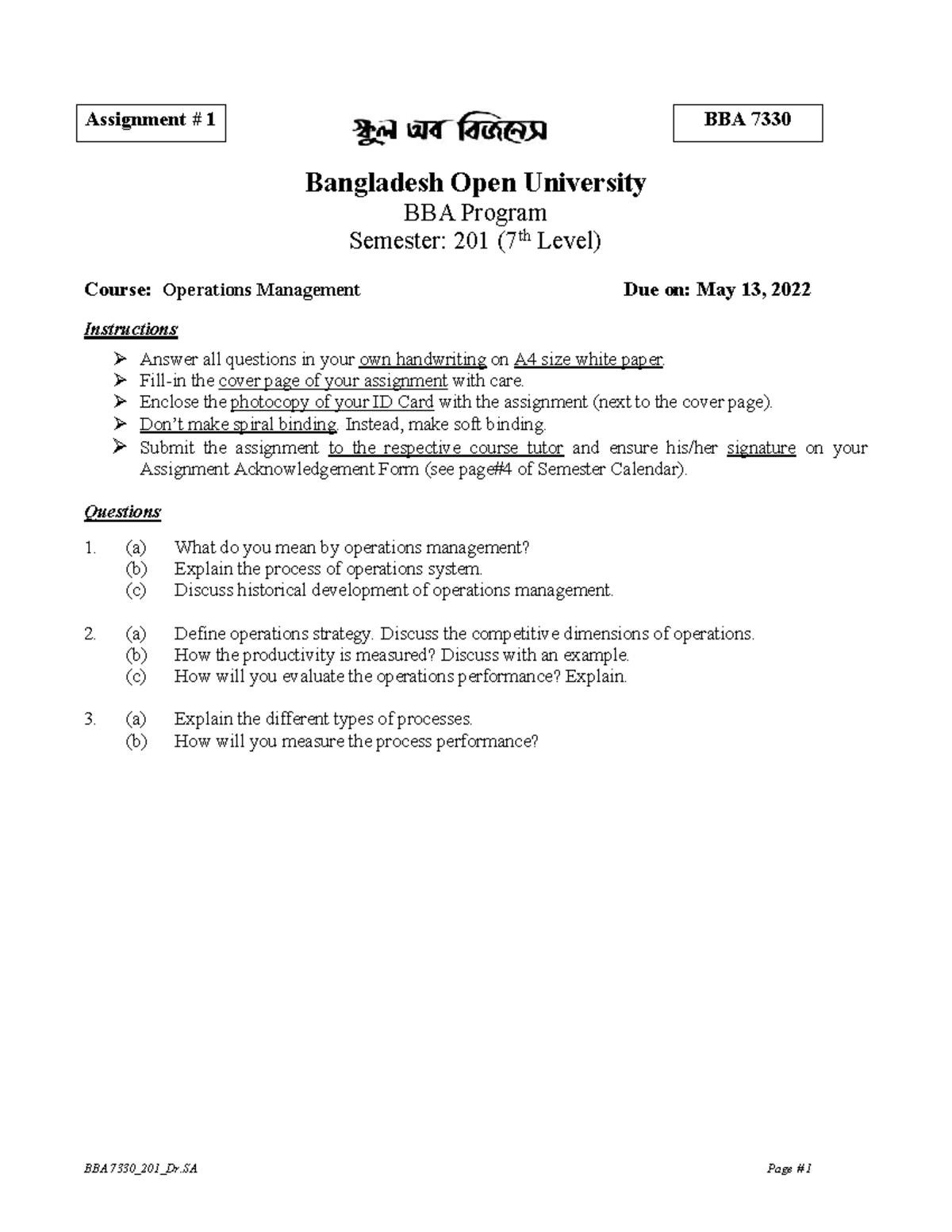 Bba 201 7th assi 250422 - BBA 7330_201_Dr Page # 1 Bangladesh Open ...