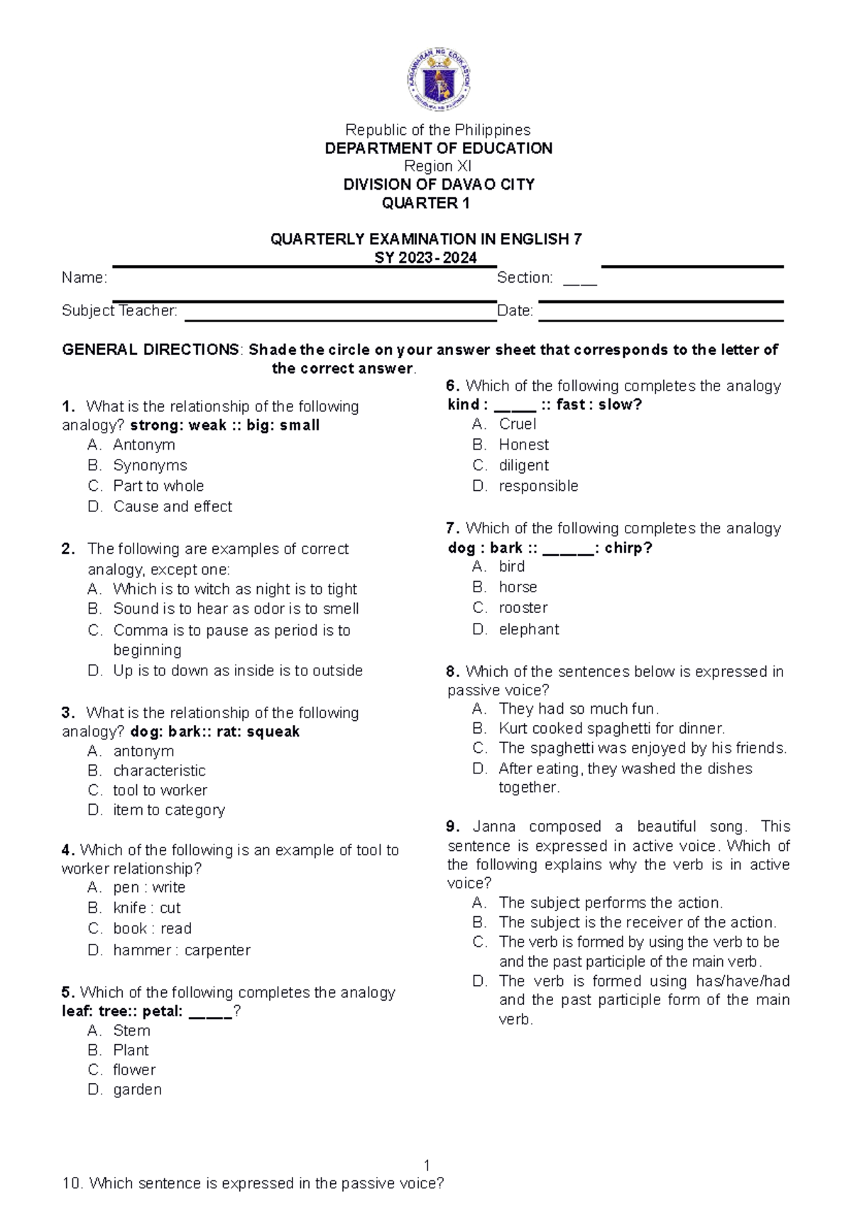 Quarterly Exam Q1 English 7 - Republic of the Philippines DEPARTMENT OF ...