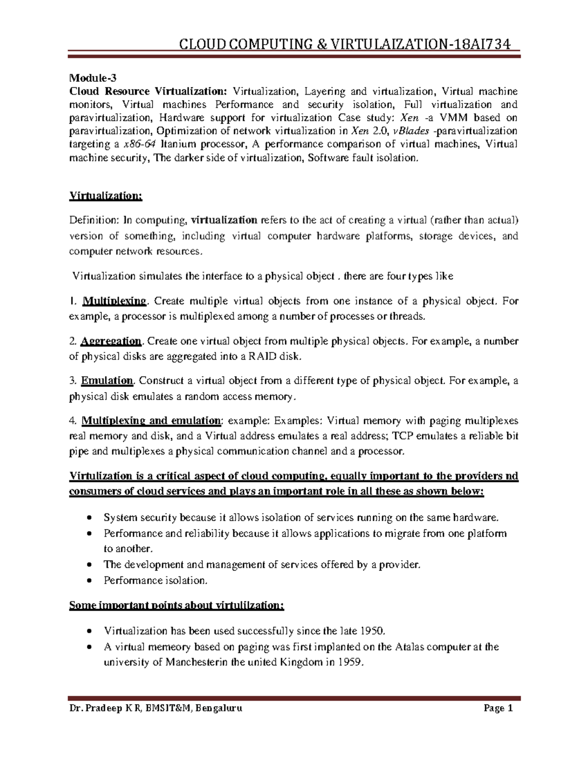 Cloud Computing And Virtulization Module 3 Notes Dr Pradeep K R