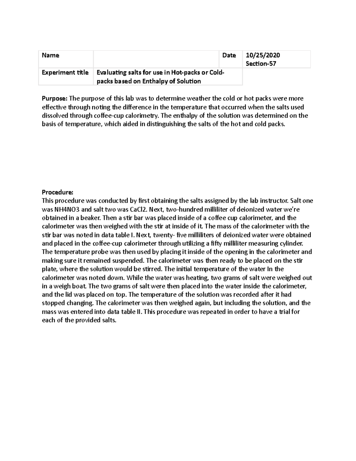 CHEM Notebook 7 - purpose, procedure, results and calculations for full ...