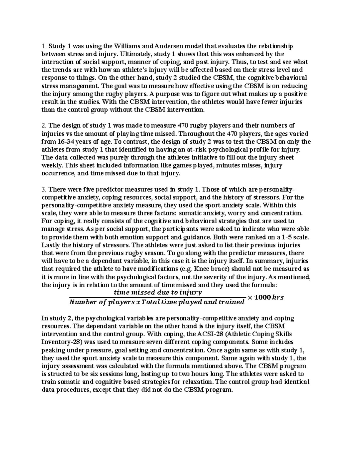 Assignment 1 Rehab Psychology - Study 1 was using the Williams and ...