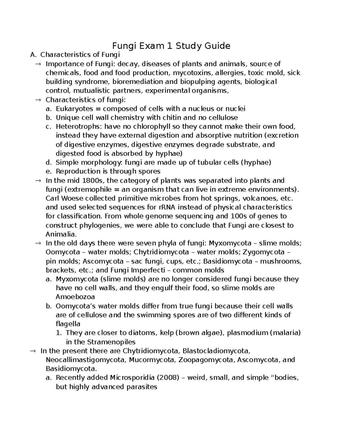 Fungi Exam 1 Study Guide - Fungi Exam 1 Study Guide A. Characteristics ...